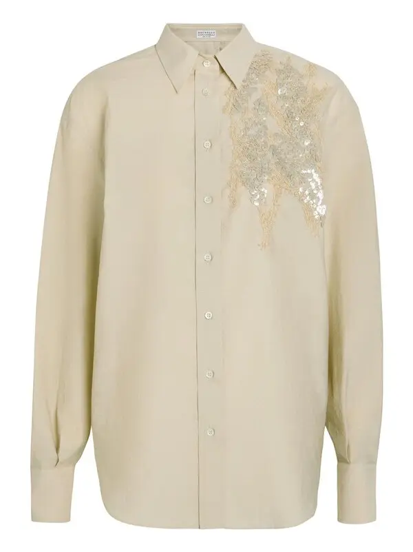 Brunello Cucinelli Embellished Crinkled Cotton-blend Shirt - Beige