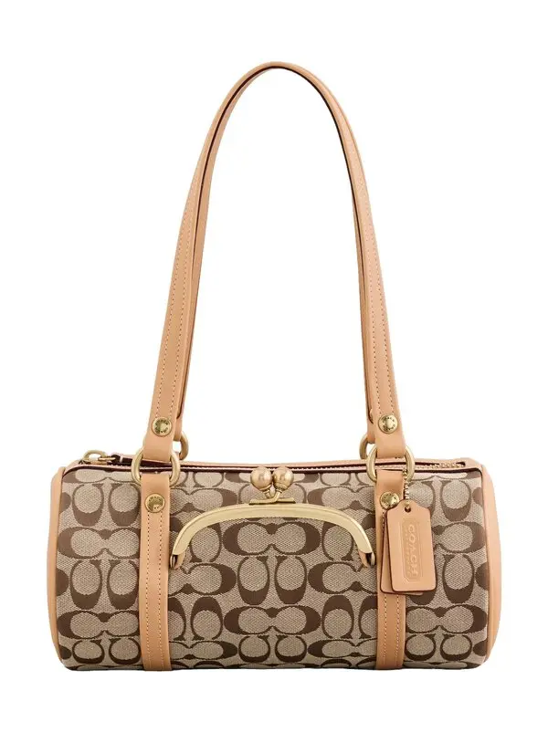 COACH Signature Jacquard Kisslock Barrel Bag 28 - Khaki Light Peach