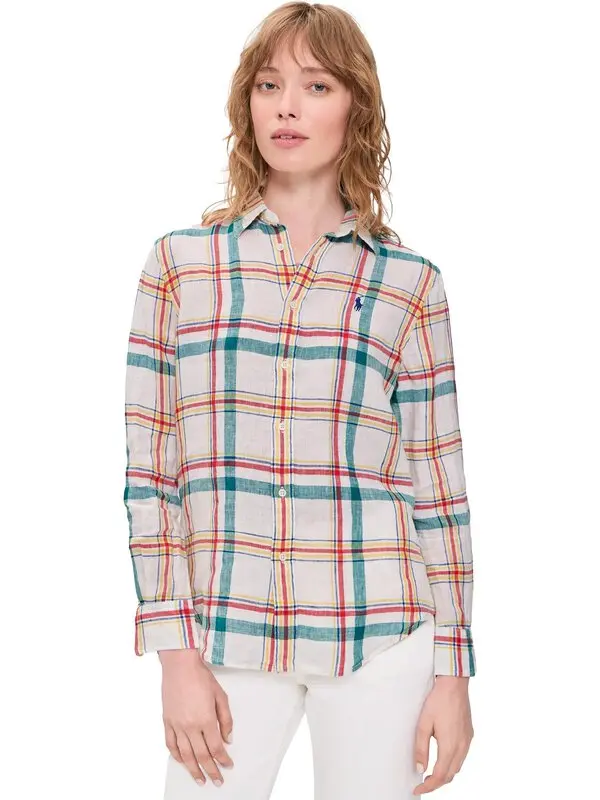 Polo Ralph Lauren Long Sleeved Linen Button-down Shirt - 2017 White/teal/red Multi
