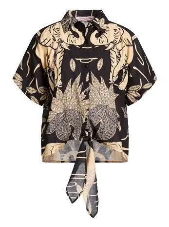 CONNOR & BLAKE Woven Multicolor Sequined Short Sleeve Shirt With Front Tie - Black
