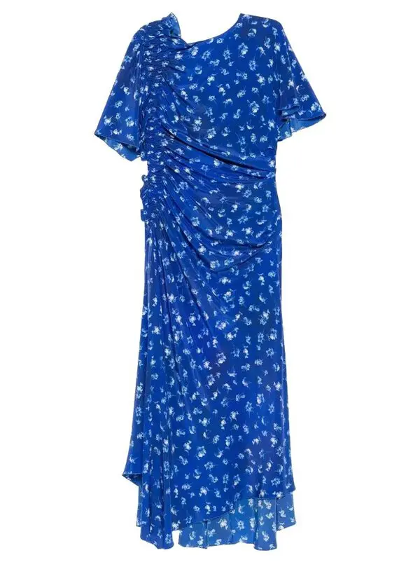 Victoria Beckham Floral-print Smocked Asymmetric Dress - Blue