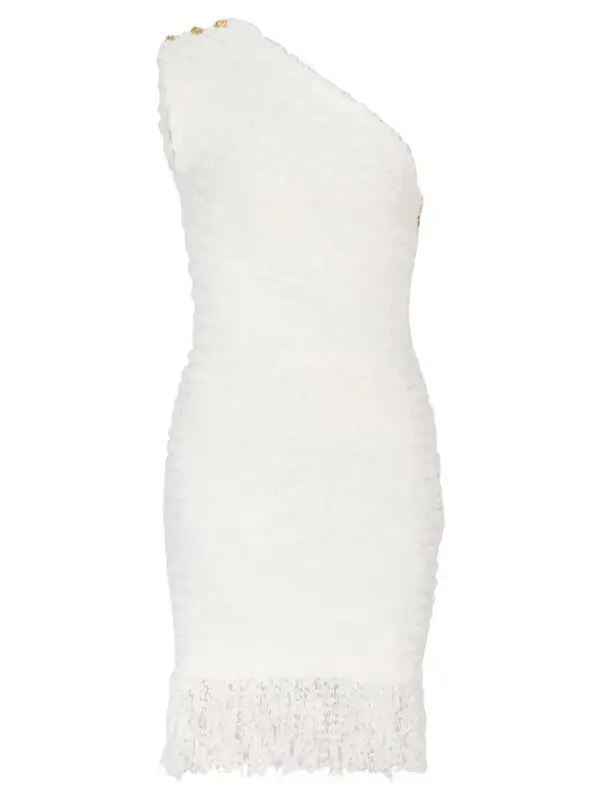 Balmain Dotted Tweed One-shoulder Mini Dress - White
