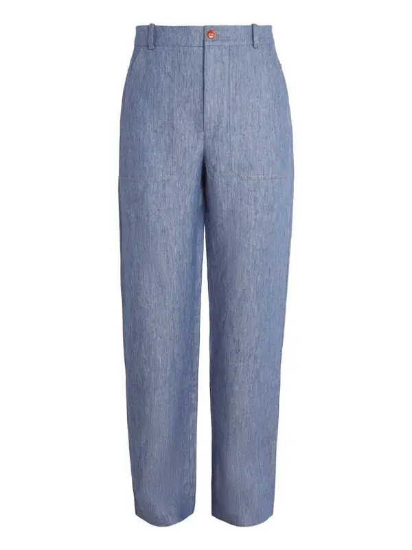 GOD'S TRUE CASHMERE Linen-denim Straight Trousers With Gemstone Detailing - Blue