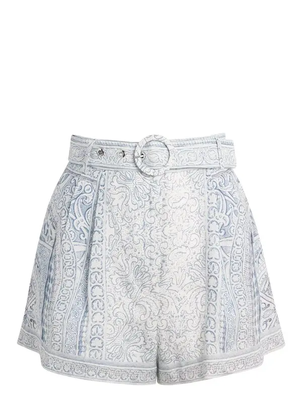 Camilla Linen Printed Belted Shorts - Blue