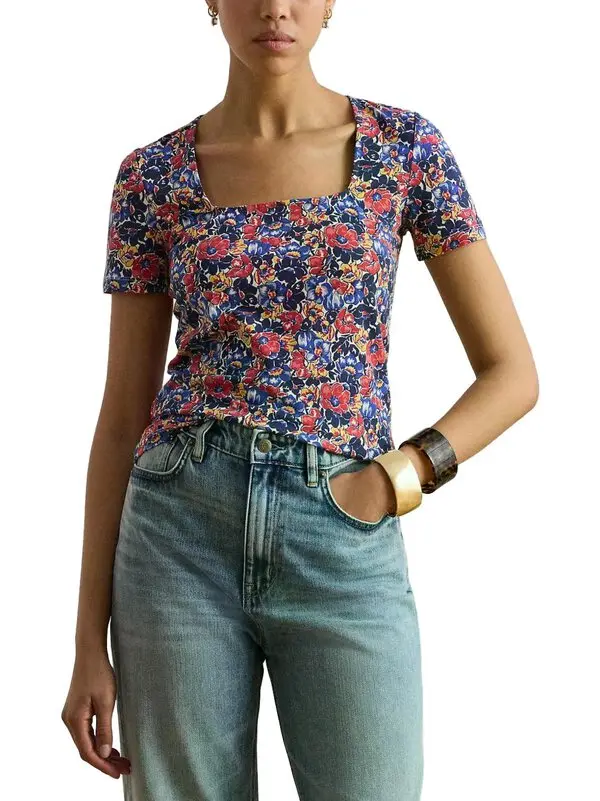 Ralph Lauren Floral-print Square-neck Sweater - Blue