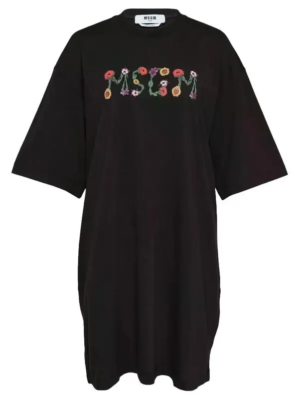 MSGM Floral-embroidered T-shirt Dress - Black