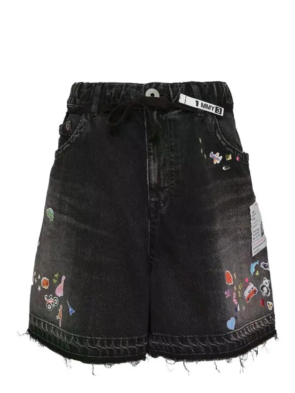 Mihara Yasuhiro Sticker-print Denim Shorts - Black