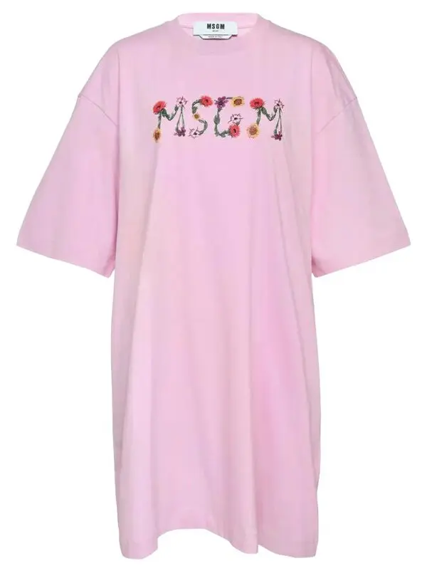 MSGM Floral-logo Mini T-shirt Dress - Pink