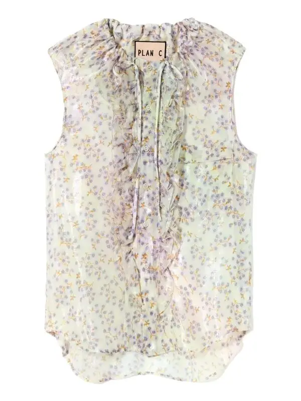 Plan C Floral-print Ruffled Blouse - Neutrals