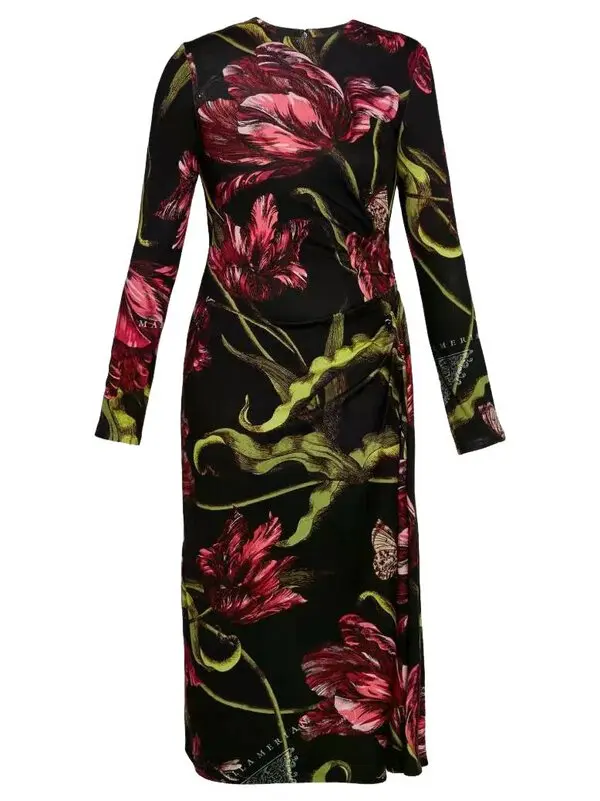 Erdem Floral-print Draped Midi Dress - Black
