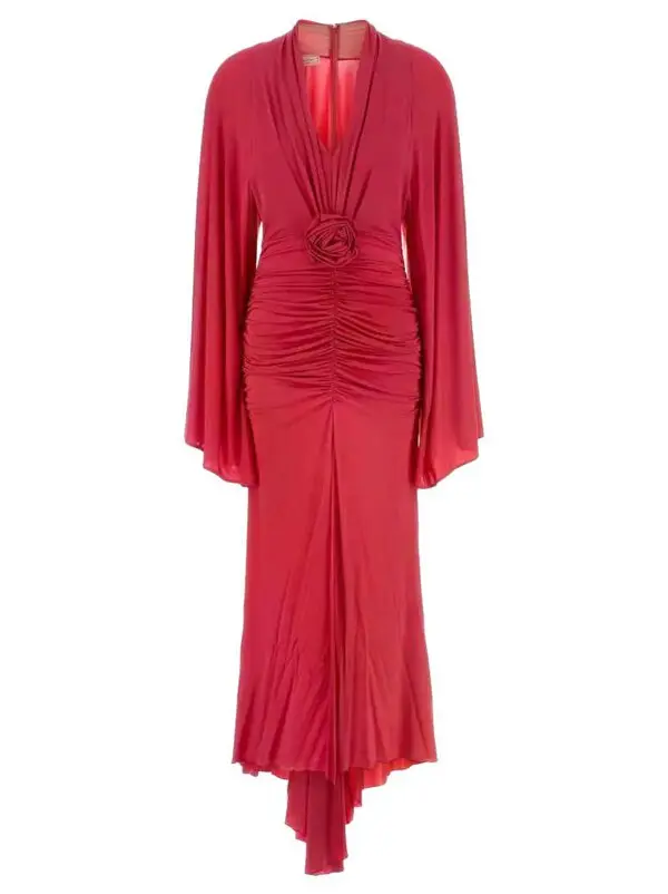 Blumarine Rose-detail Ruched Long Dress - Red