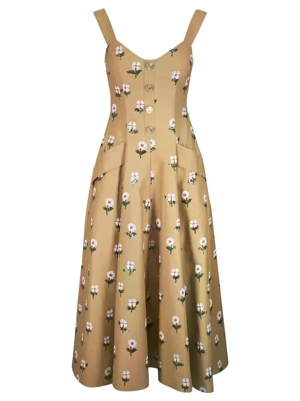 Talbot Runhof Floral-embroidered Button-front Midi Dress - Neutrals