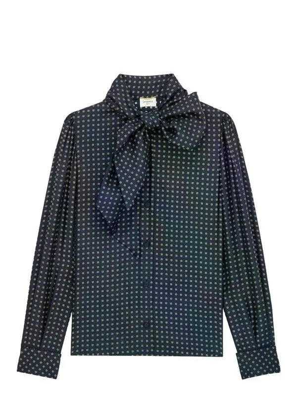 Saint Laurent Geometric-print Pussy-bow Blouse - Blue