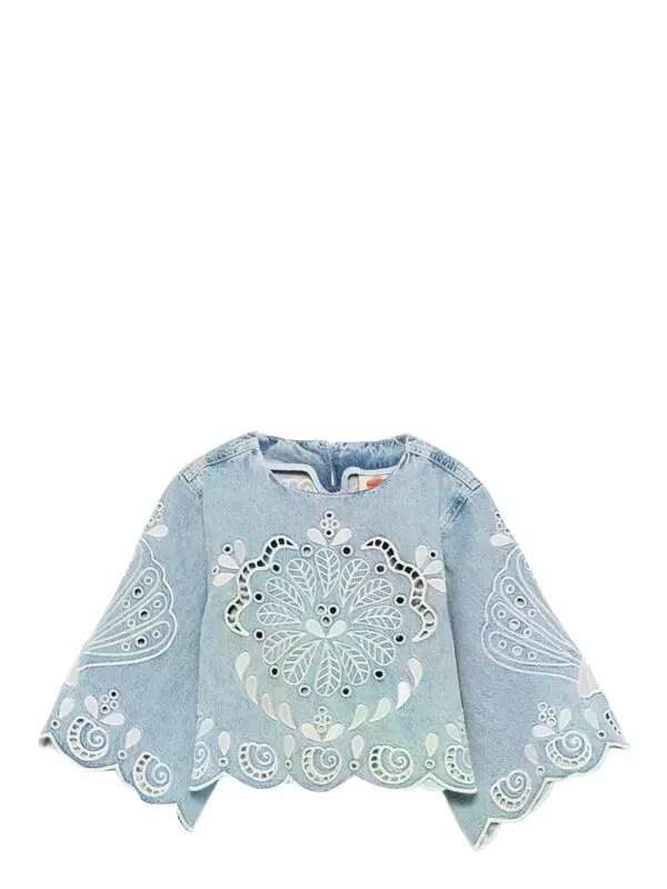 Farm Rio Richelieux Geometric-embroidered Blouse - Blue