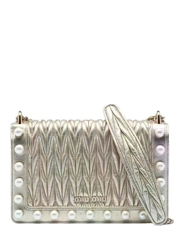 Miu Miu 2010-2026 Metallic Nappa Matelasse Faux Pearl Flap Bag - Gold