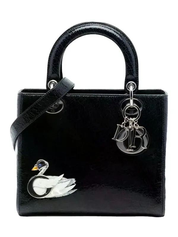 Dior 2016 Medium Ceramic Effect Deerskin Jeweled Swan Lady Satchel - Black