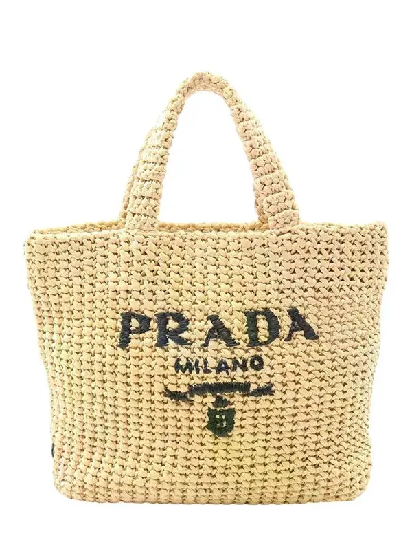 Prada Small Raffia Effect Crochet Embroidered Logo Tote Bag - Neutrals