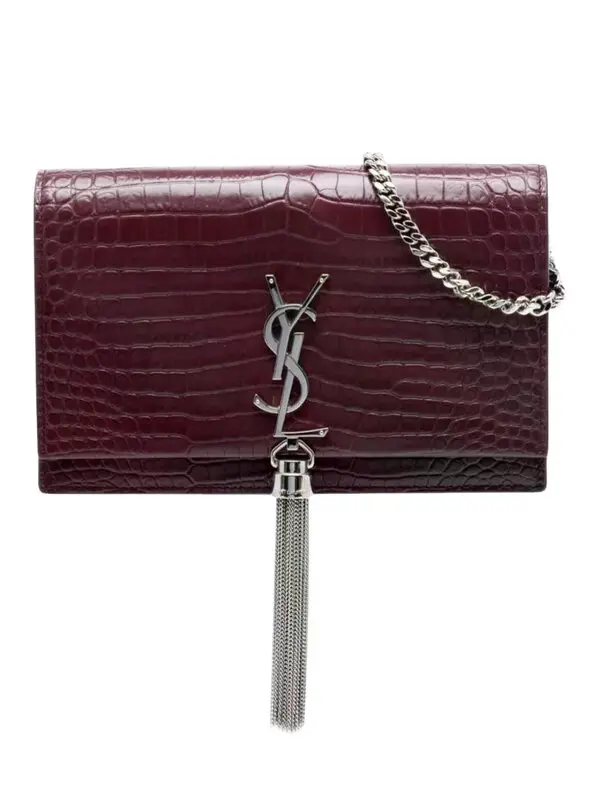 Saint Laurent Croc Embossed Leather Monogram Kate Tassel Wallet On Chain Crossbody Bag - Red