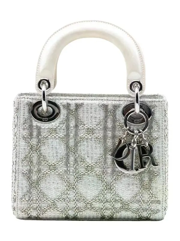 Dior 2011 Mini Tweed Cannage Beaded Lady Satchel - White