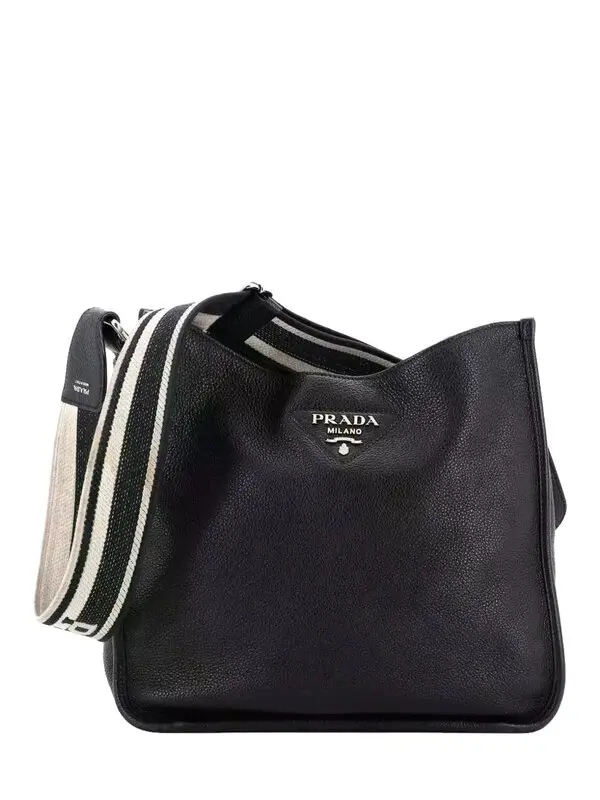Prada Logo Strap Leather Hobo Bag - Black