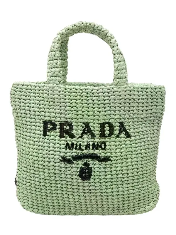 Prada Small Raffia Effect Crochet Embroidered Logo Tote Bag - Green