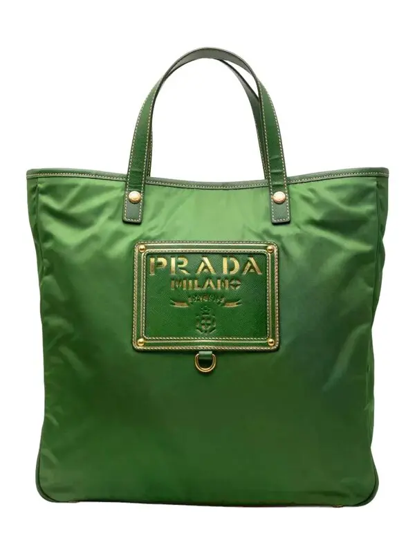 Prada Saffiano Trimmed Tessuto Logo Plate Convertible Tote Satchel - Green