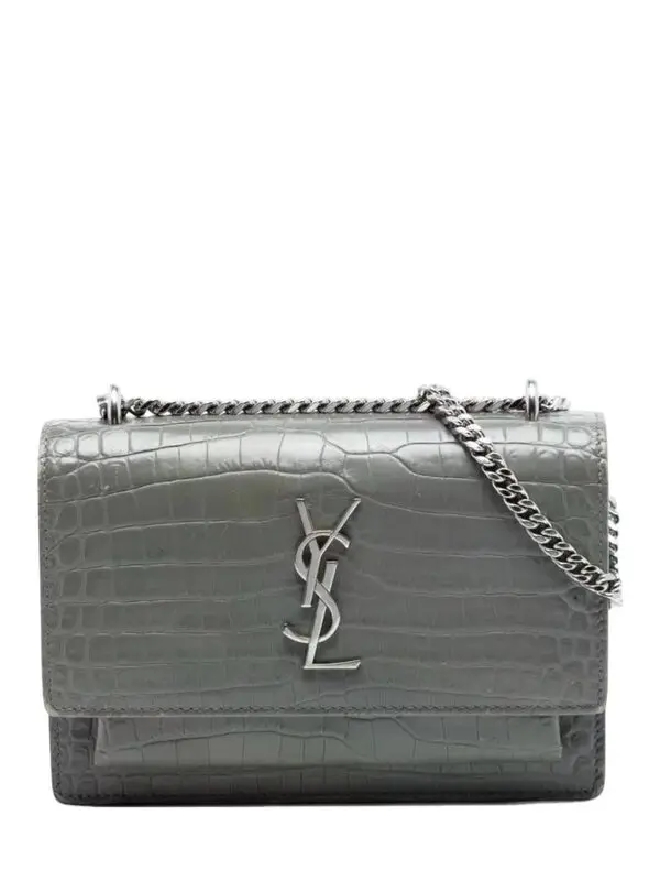 Saint Laurent 2017 Mini Croc Embossed Leather Monogram Sunset Wallet On Chain - Grey