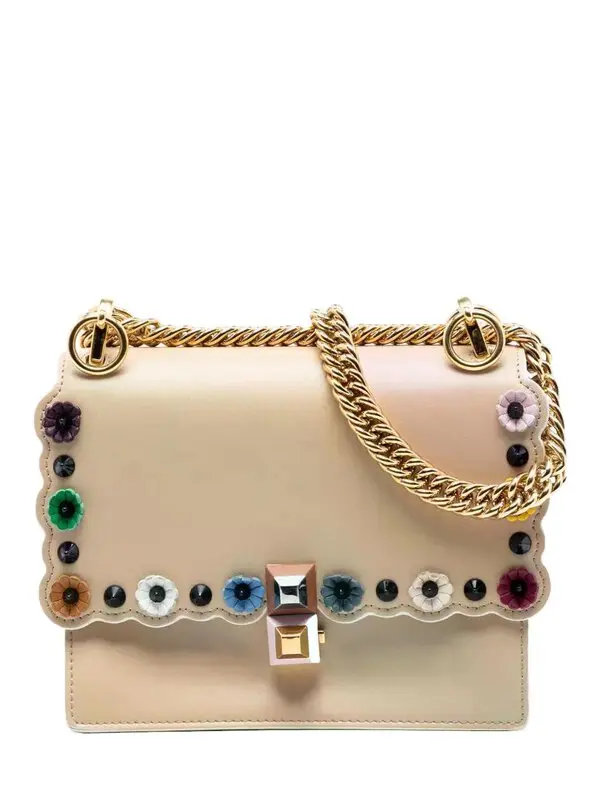 Fendi Mini Scalloped Leather And Studded Floral Kan I Crossbody Bag - Neutrals