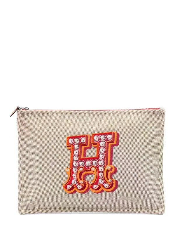 Hermès Canvas Embroidered Flat Case Clutch Bag - Orange
