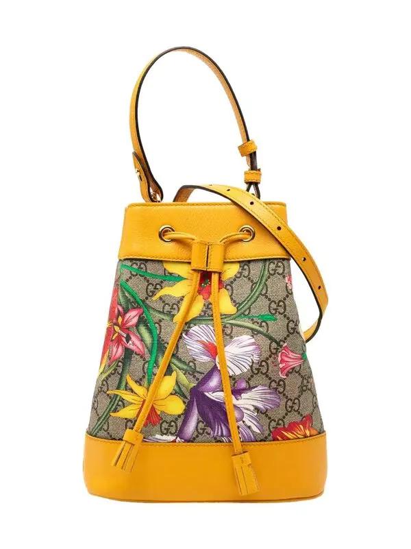 Gucci Small Gg Supreme Flora Ophidia Bucket Bag - Yellow