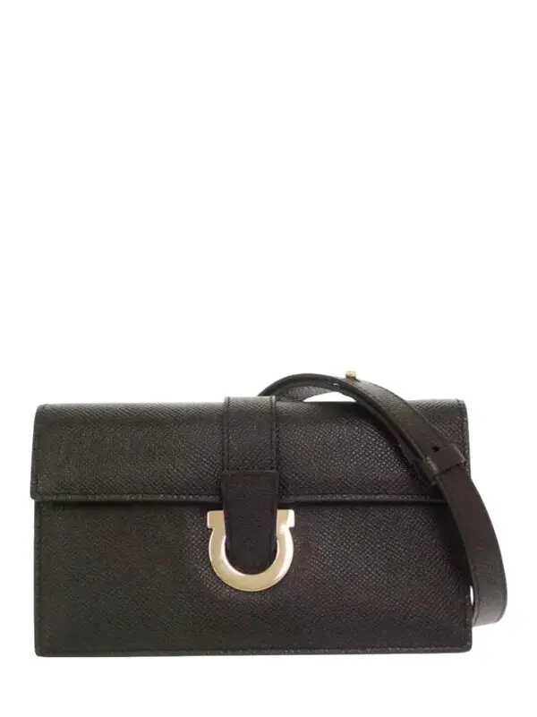 FERRAGAMO Grained Calfskin Gancini Crossbody Bag - Black