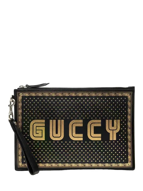 Gucci Leather Guccy Sega Clutch - Black