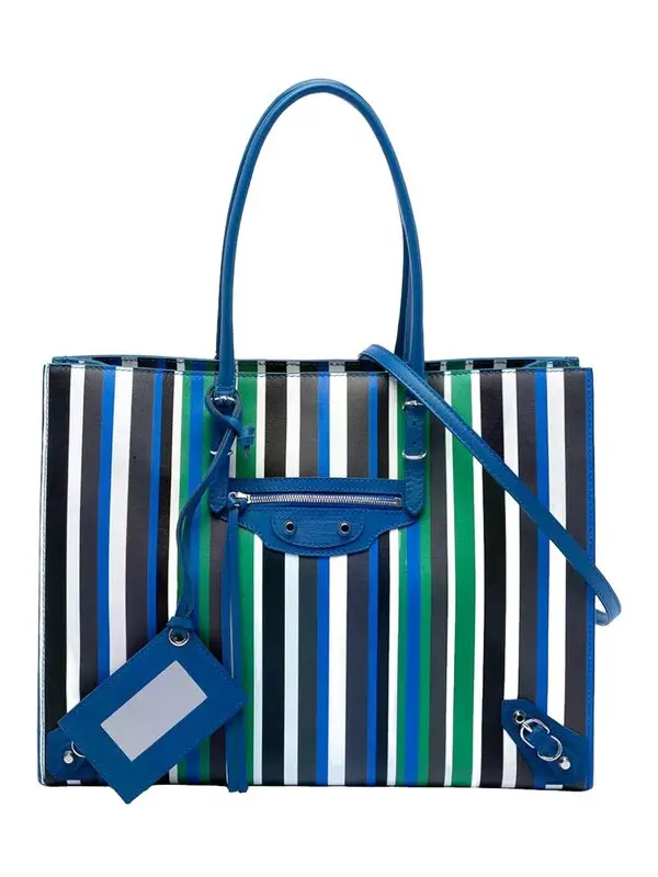 Balenciaga Leather Striped Papier B4 Zip Around Satchel - Blue