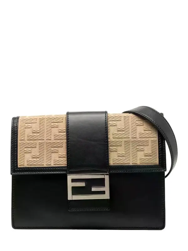 Fendi Calfskin And Canvas Ff 1974 Flat Baguette Crossbody Bag - Black