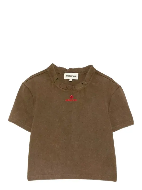 SHUSHU/TONG Logo-embroidered T-shirt With Ruffled Trim - Green