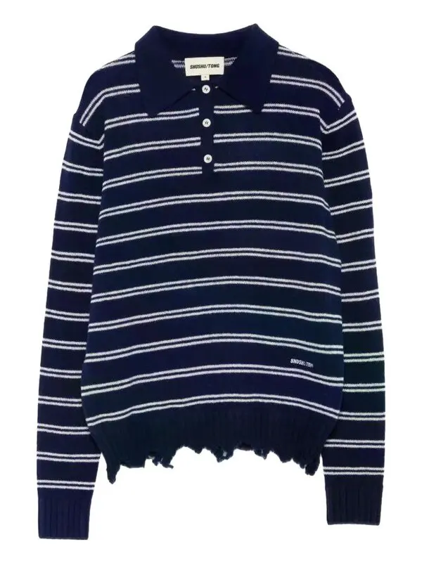 SHUSHU/TONG Striped Distressed-effect Polo Shirt - Blue