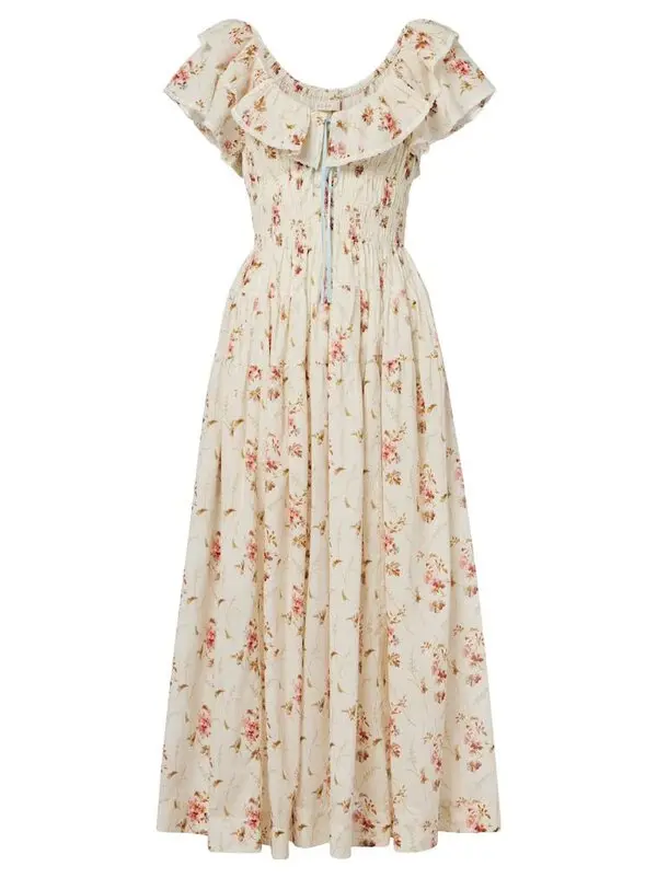 DÔEN Illiana Floral Cotton Midi Dress - White