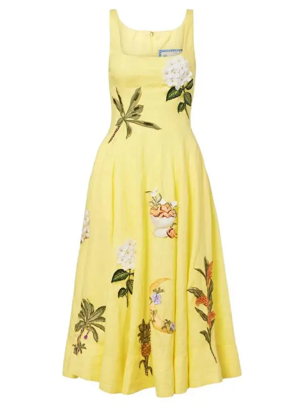 Agua Bendita Frontera Patch-appliqué Linen Midi Dress - Yellow