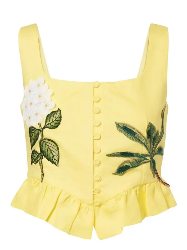Agua Bendita Eslabón Floral-appliqué Linen Crop Top - Yellow