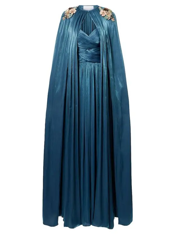 Costarellos Embellished Pleated Caped Bustier Gown - Blue
