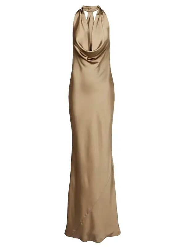 Norma Kamali Draped Halterneck Satin Gown - Beige