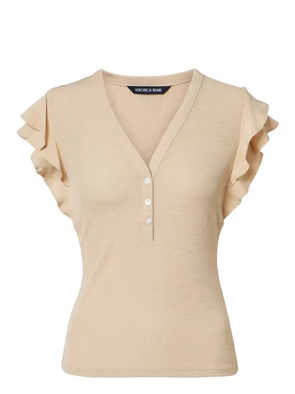 Veronica Beard Aphrodite Ribbed-knit Ruffled Top - Beige
