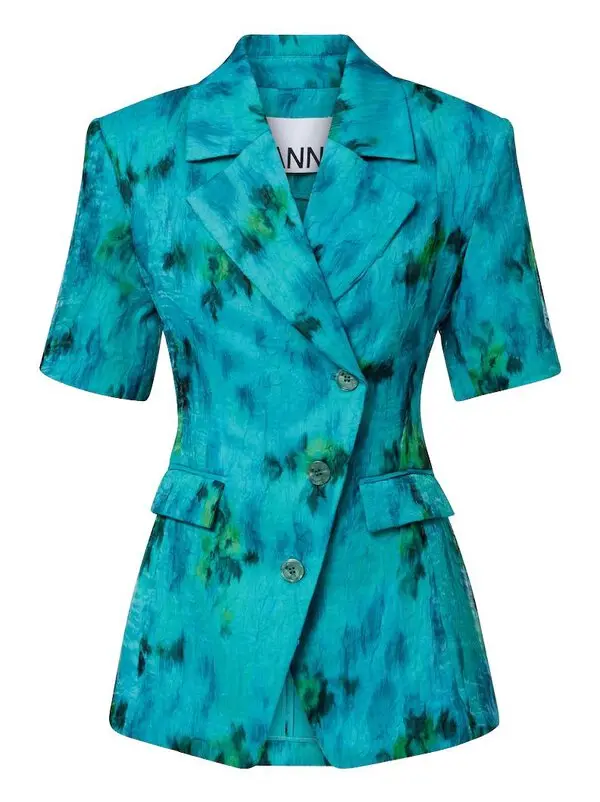 GANNI Printed Organza Blazer - Turquoise