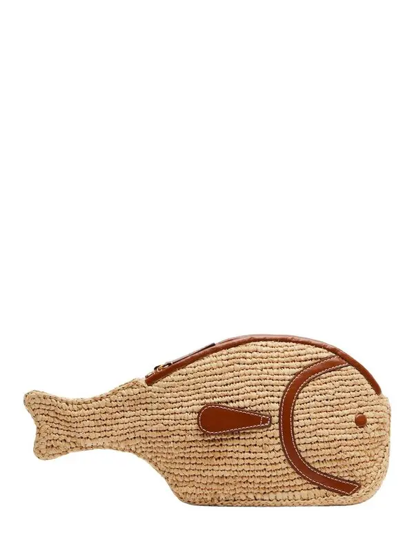 Staud Pesce Leather-trimmed Raffia Clutch - Beige