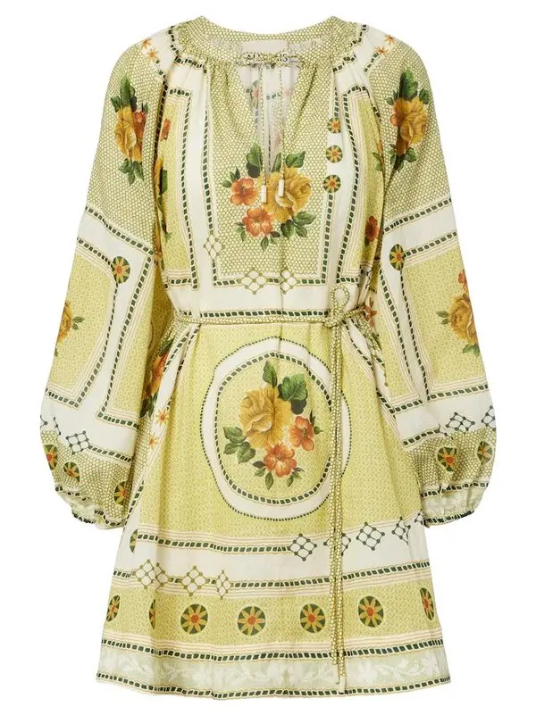 ALEMAIS Dixie Belted Printed Ramie Minidress - Yellow