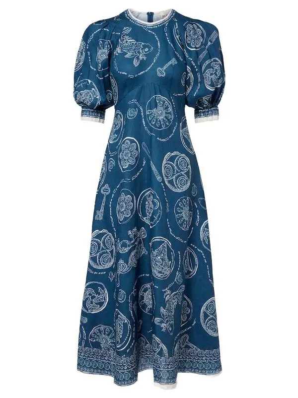 ALEMAIS Lucky Printed Linen Midi Dress - Blue