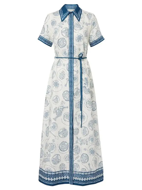 ALEMAIS Alémais Lucky Belted Printed Linen Shirt Dress - White