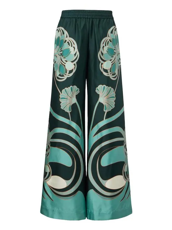 La DoubleJ Printed Silk Twill Palazzo Pants - Green