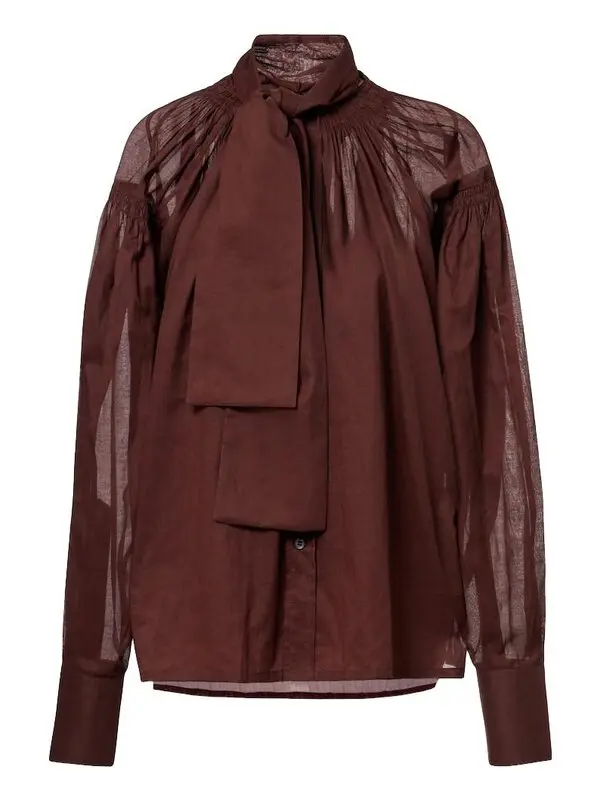 Plan C Tie-neck Cotton Blouse - Brown