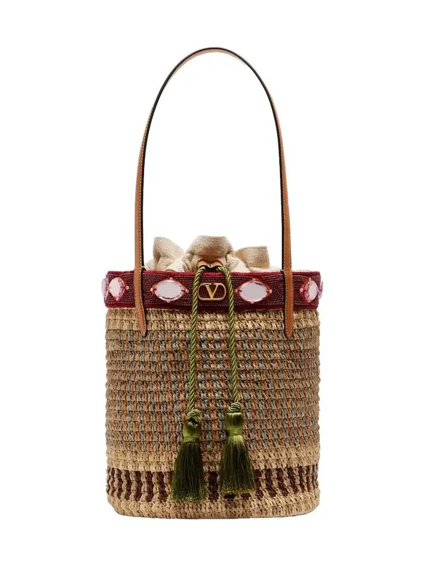 Valentino Garavani Vlogo Large Embellished Raffia Bucket Bag - Beige